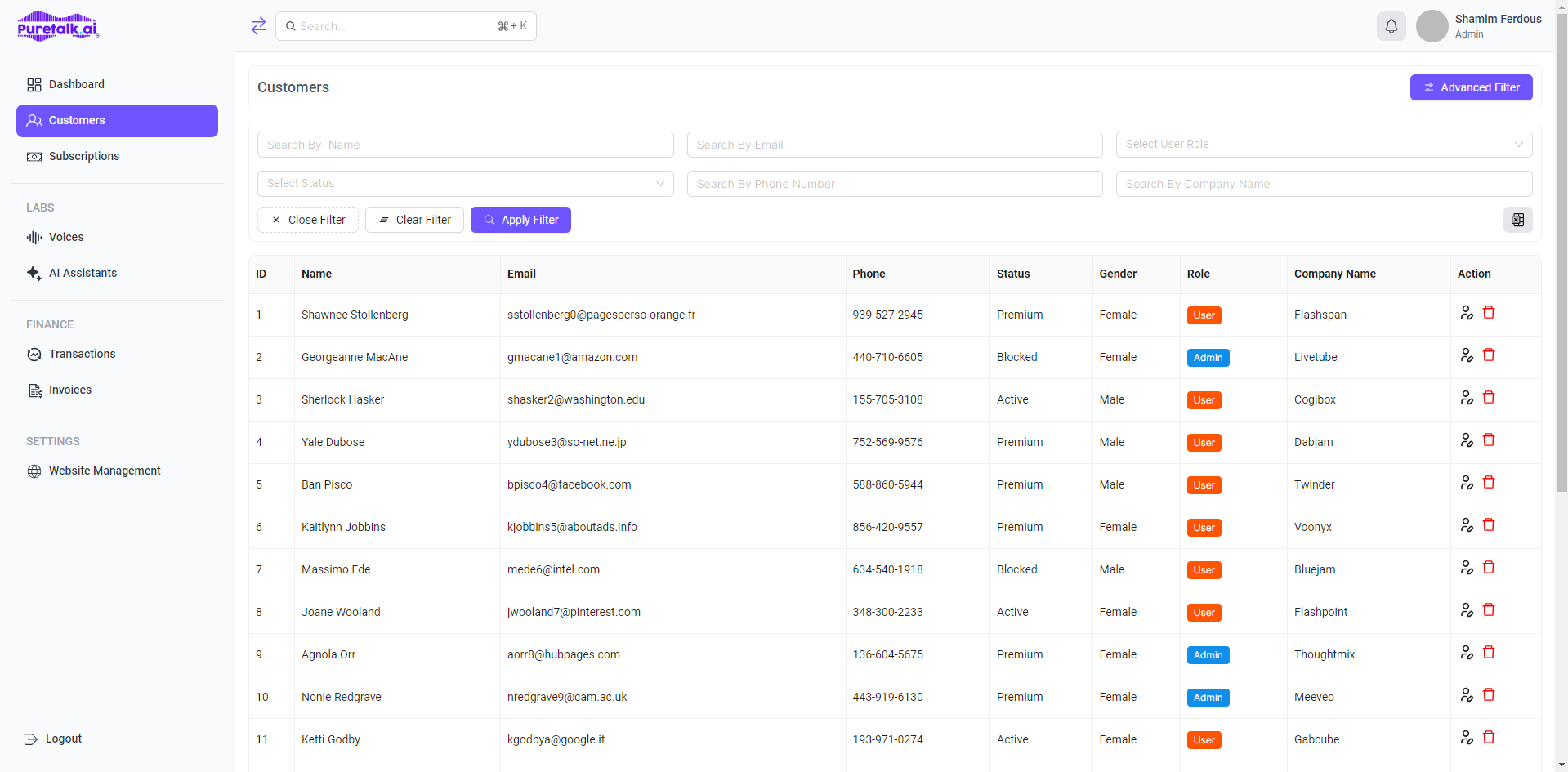 Admin Dashboard - Puretalk AI®
